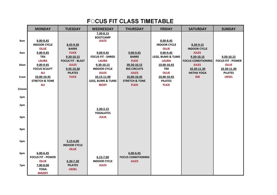 Gym Class Timetable